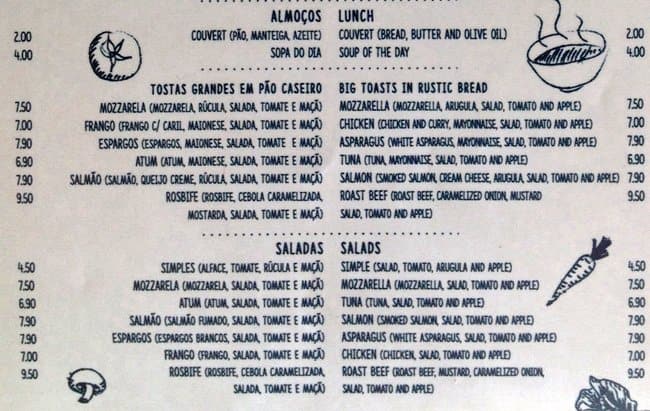 Menu at Quiosque de Sao Pedro de Alcantara pub & bar, Lisbon