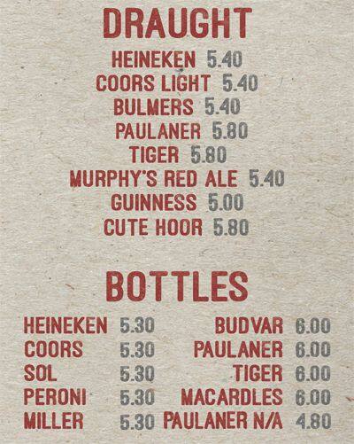 Menu at Garage Bar, Dublin