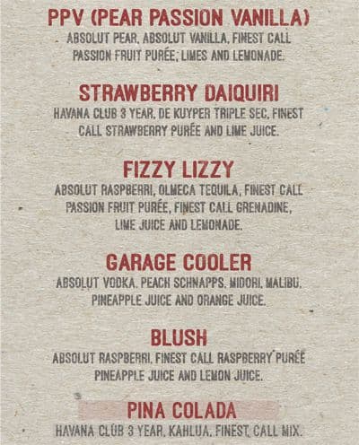 Menu at Garage Bar, Dublin