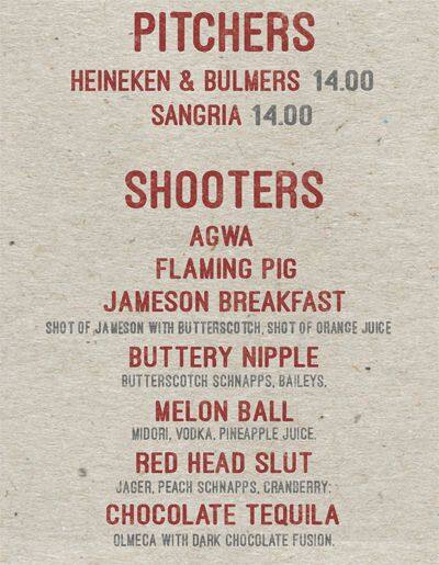 Menu at Garage Bar, Dublin