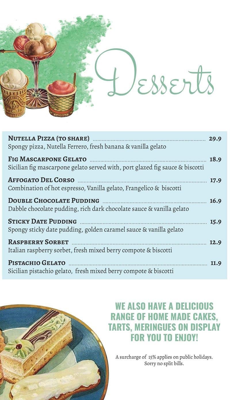 Menu at The Sicilian restaurant, Forster