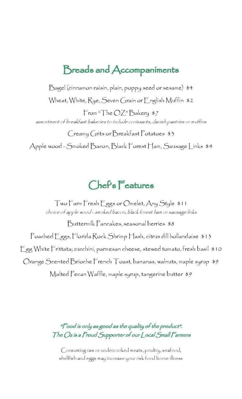 Menu at The Oz restaurant, Palm Beach Gardens