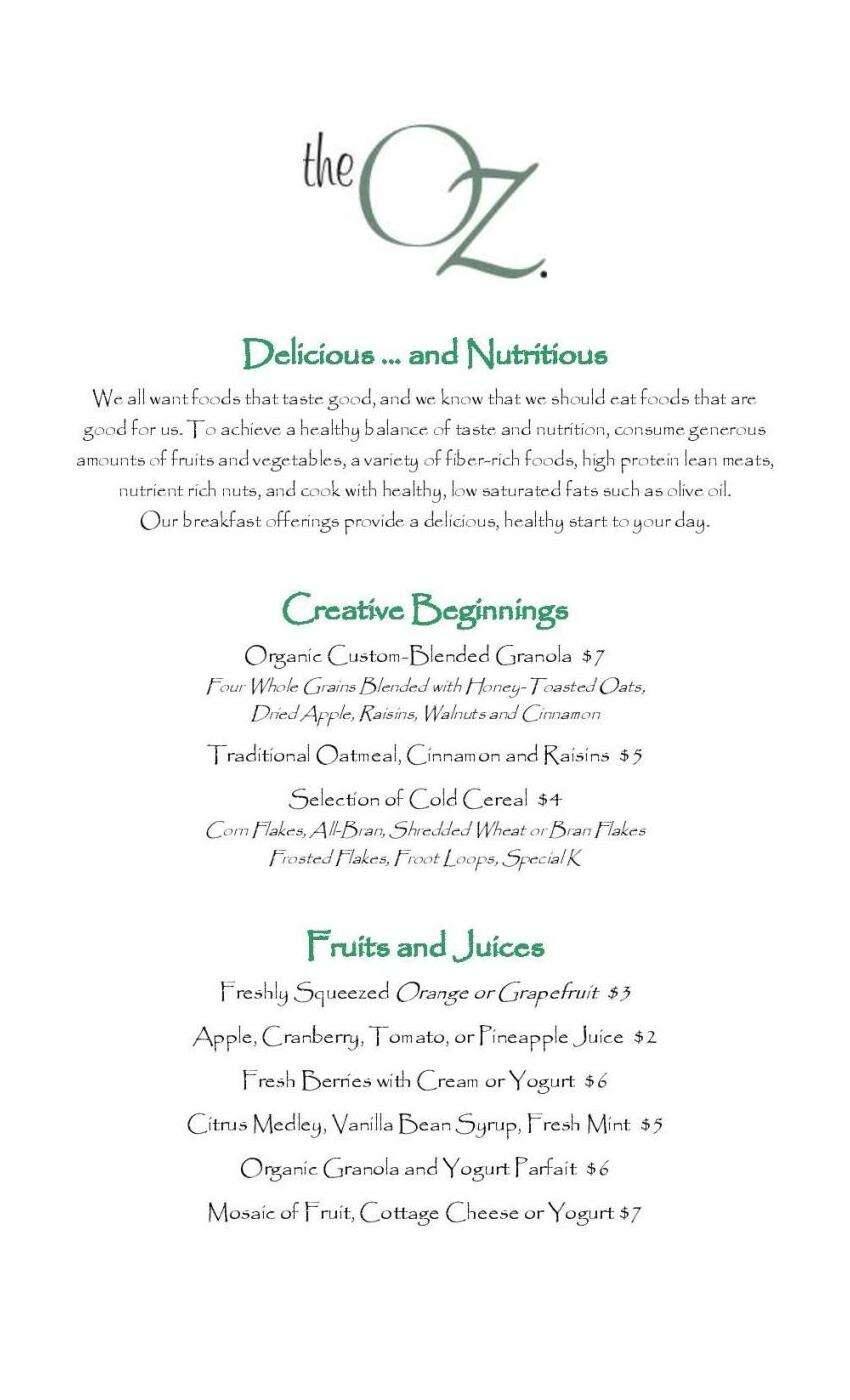 Menu at The Oz restaurant, Palm Beach Gardens