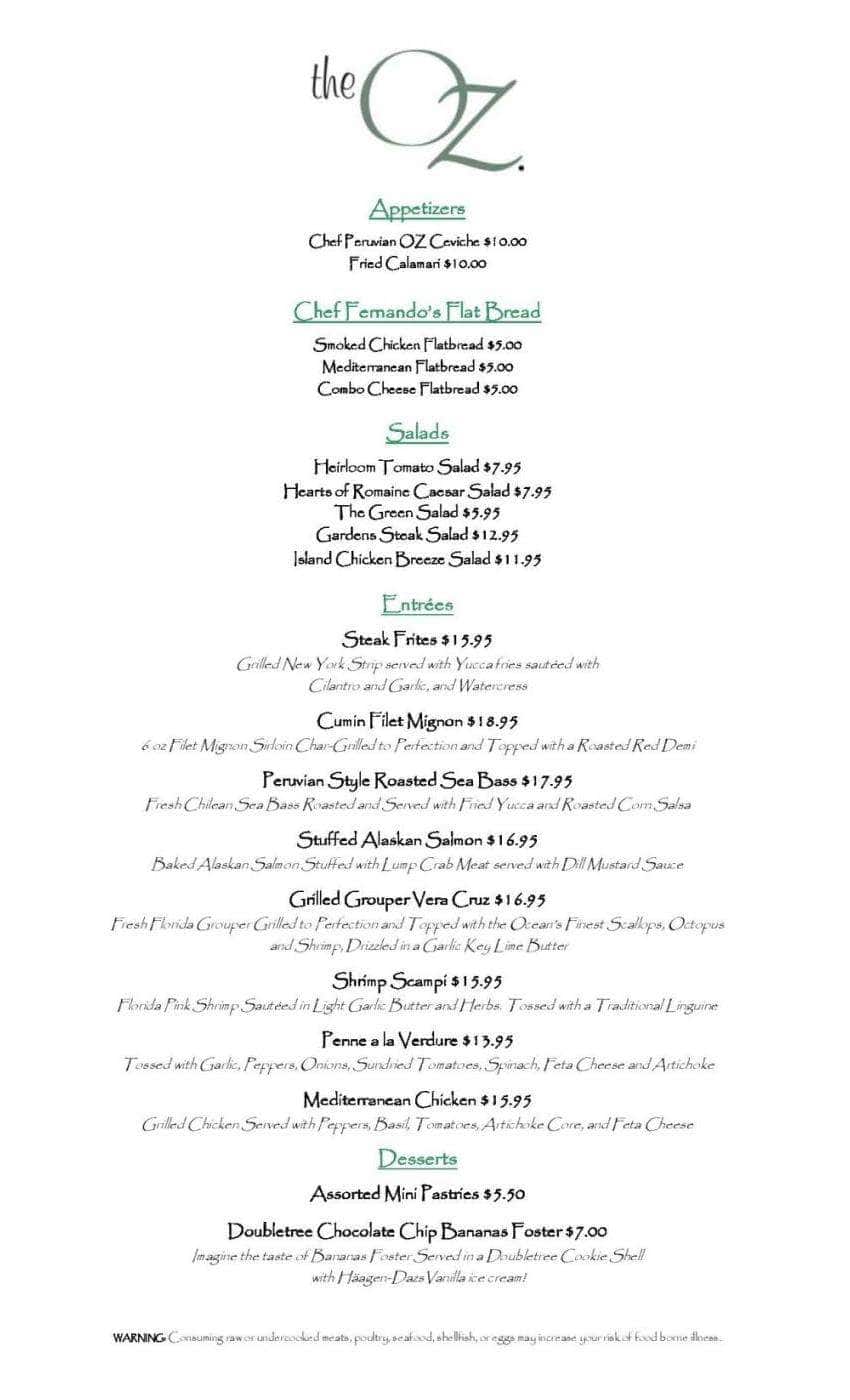 Menu at The Oz restaurant, Palm Beach Gardens