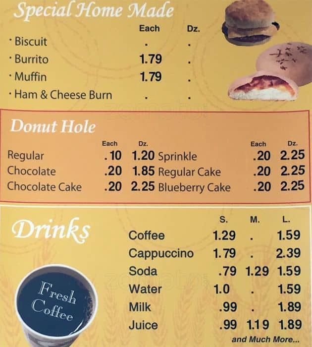 Menu at Daylight Donuts, Kaufman