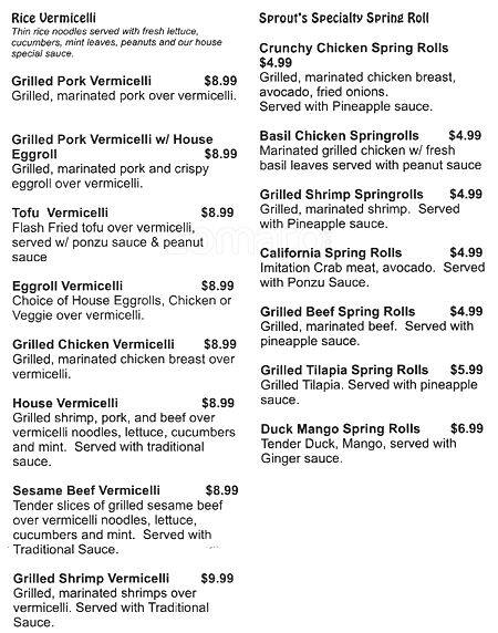 Menu at Sprout's Springroll & Pho restaurant, Arlington, 780 E Road to ...