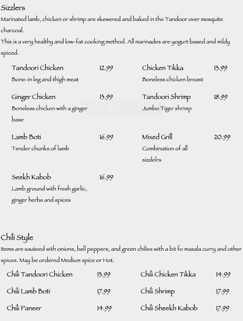 Menu at Tandoori Grill pub & bar, Boulder