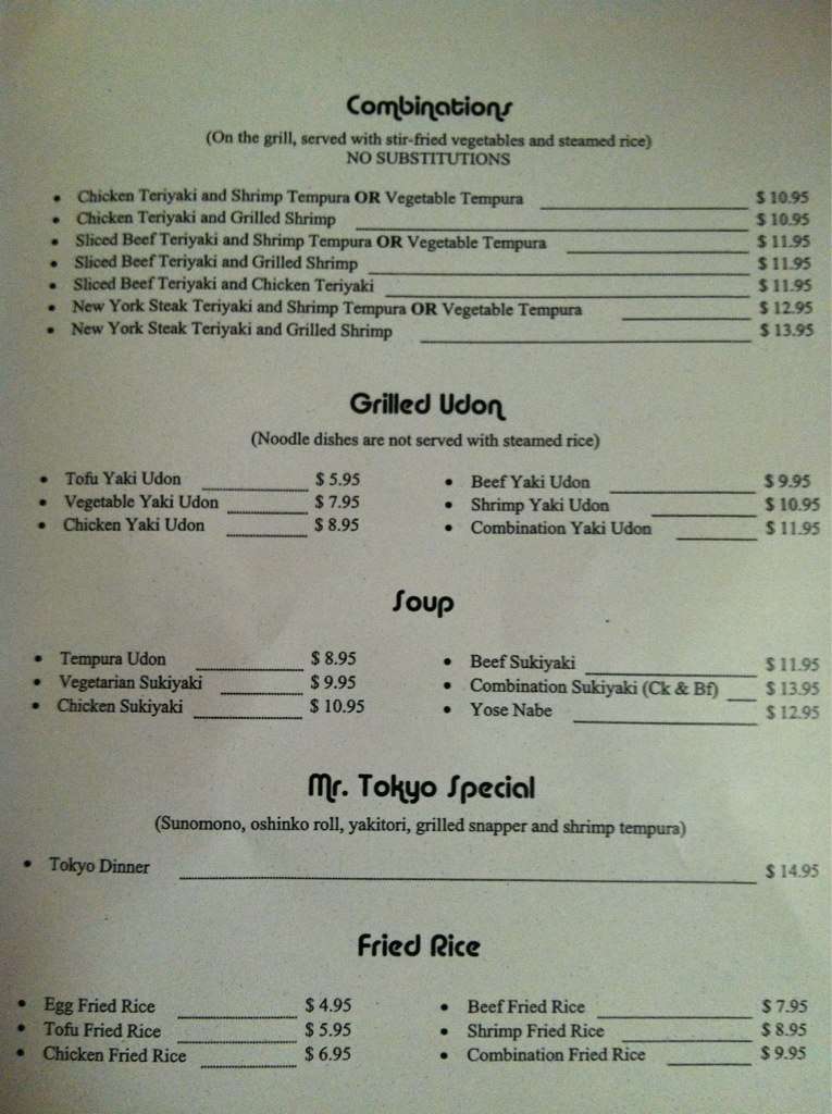 Menu at Mr Tokyo Japanese Restaurant, Albuquerque