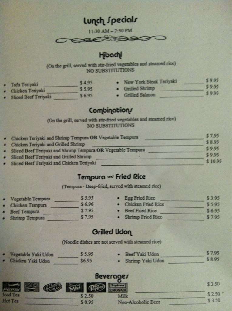 Menu at Mr Tokyo Japanese Restaurant, Albuquerque