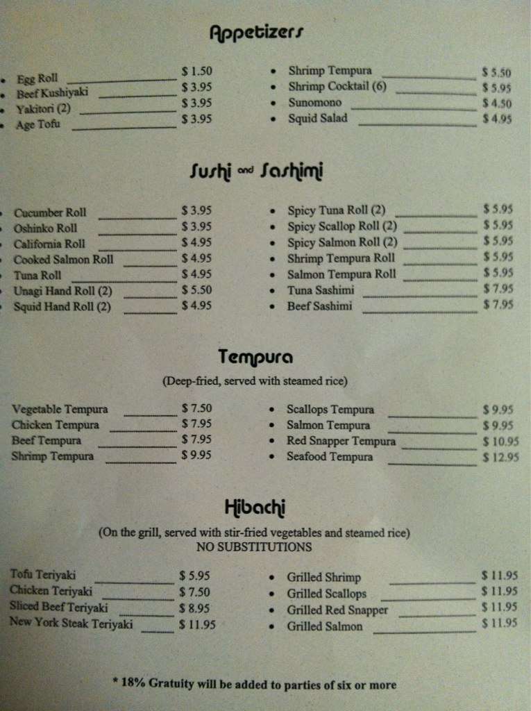 Menu at Mr Tokyo Japanese Restaurant, Albuquerque