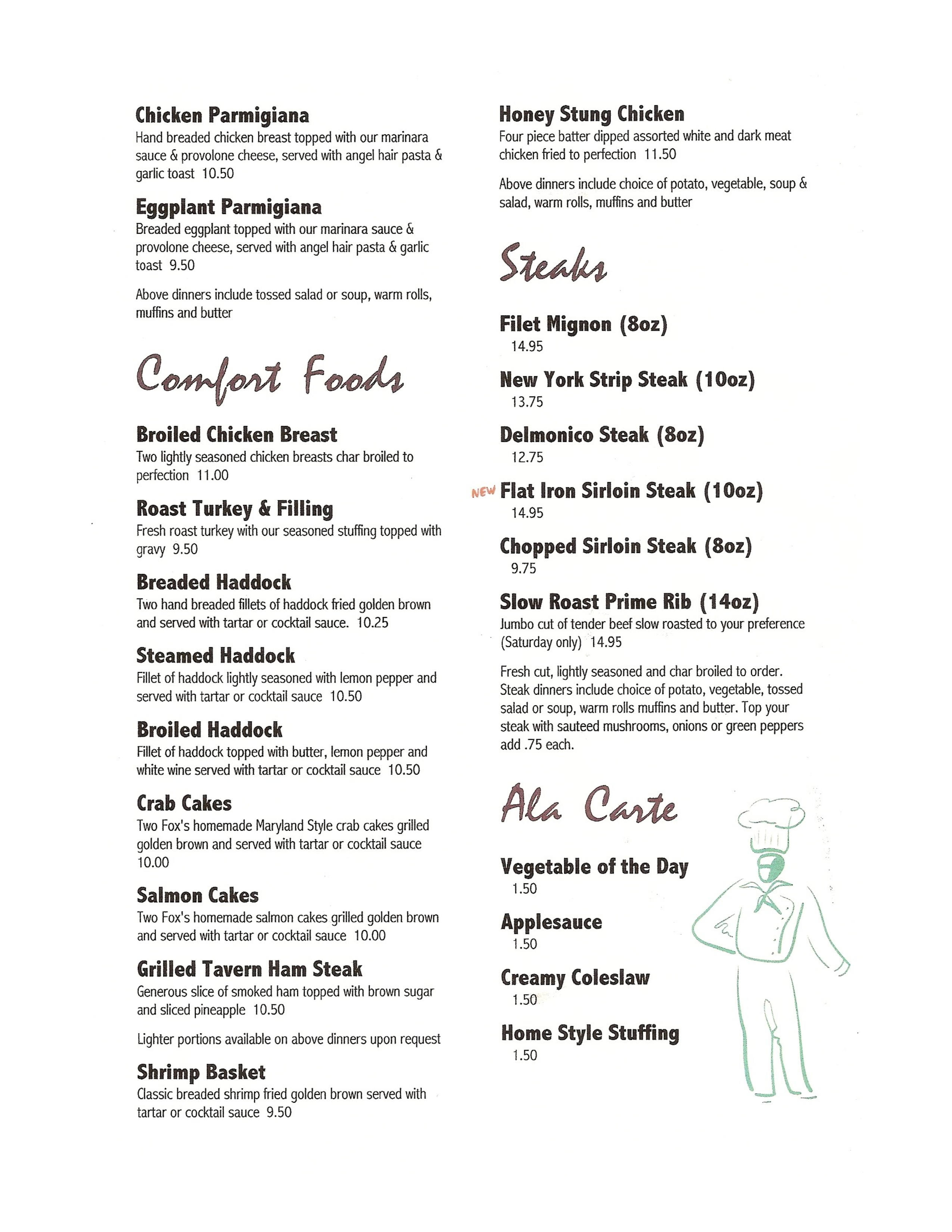 Menu at Fox's Market House Restaurant, Lock Haven