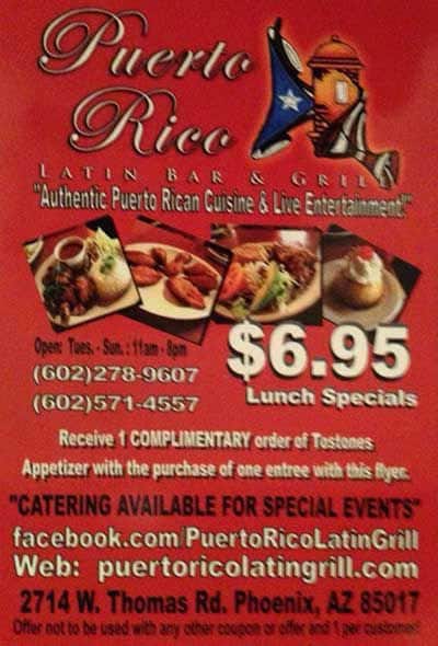 Menu at Puerto Rico Latin Bar & Grill, Phoenix