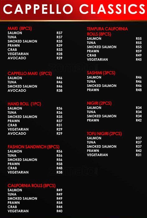 Menu at CAPPELLO. pub & bar, Bloemfontein