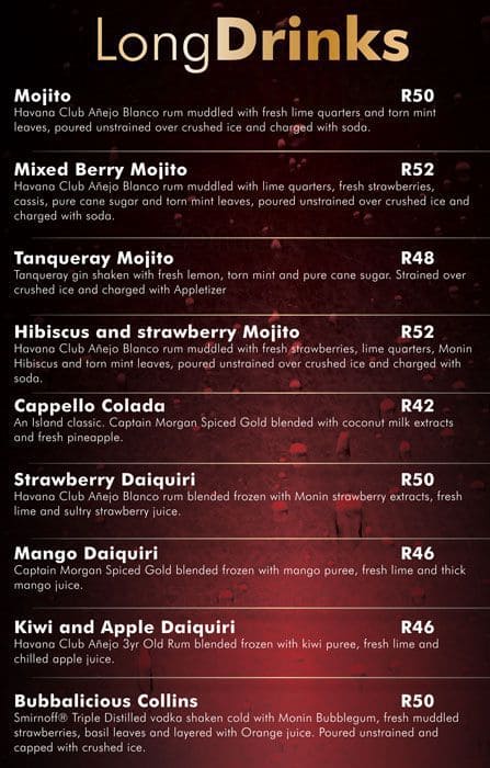 Menu at CAPPELLO. pub & bar, Bloemfontein