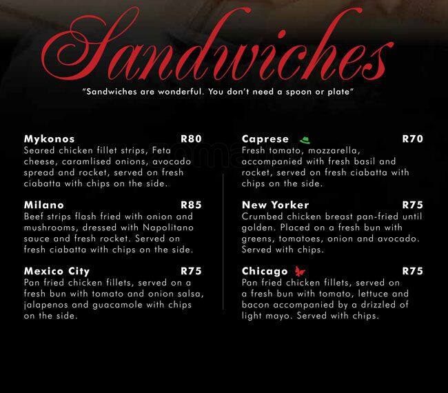 Menu at CAPPELLO. pub & bar, Bloemfontein