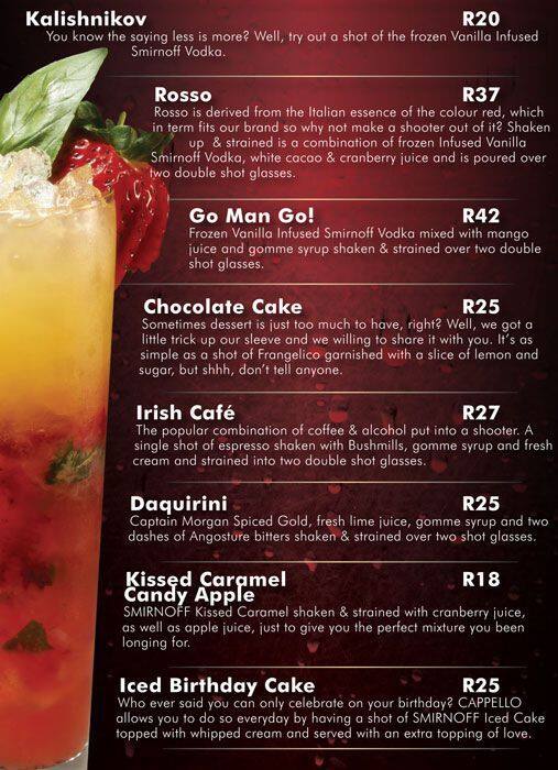Menu at CAPPELLO. pub & bar, Bloemfontein
