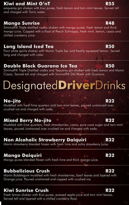 Menu at CAPPELLO. pub & bar, Bloemfontein