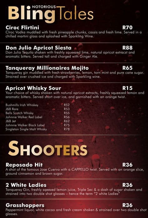 Menu at CAPPELLO. pub & bar, Bloemfontein
