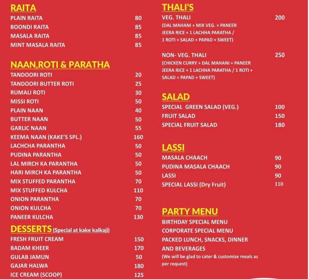 Menu at Kake Da Hotel, New Delhi, H 19A