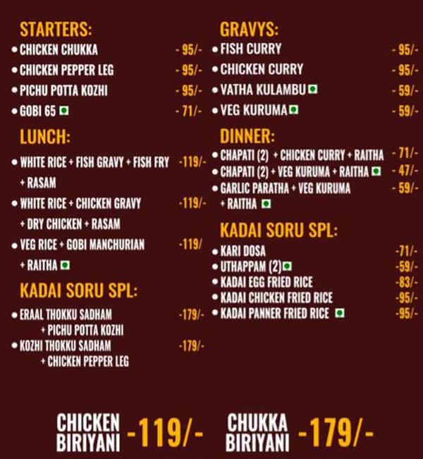 Menu of Kadai Soru, Medavakkam, Chennai