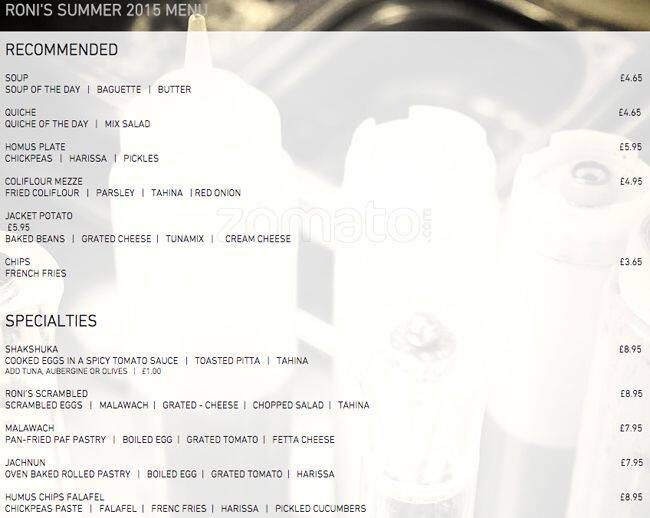 Carta de Roni's Cafe West Hampstead, Londres