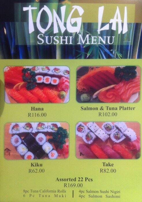 Menu at Tong Lai restaurant, Johannesburg