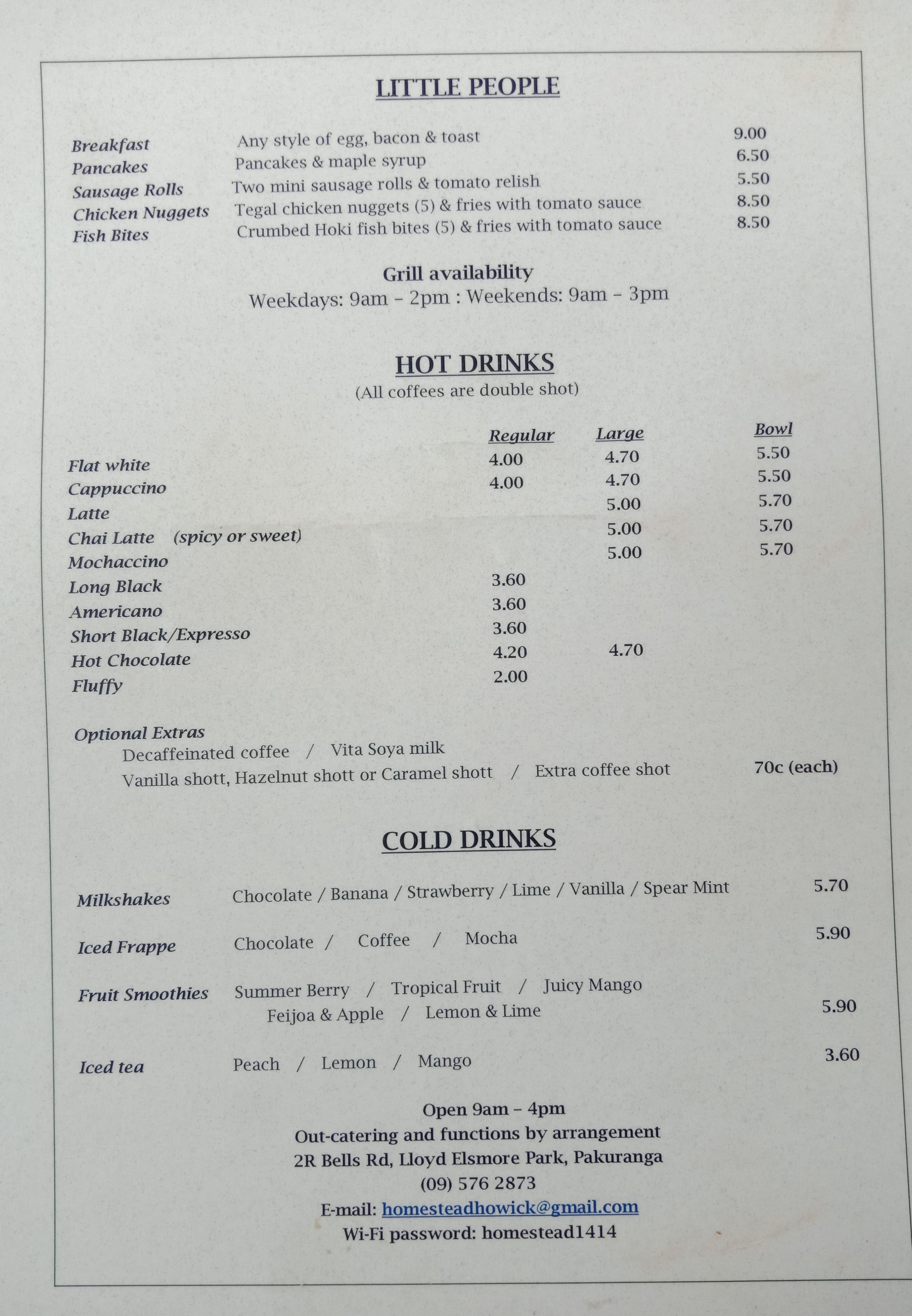 Menu at Homestead Cafe, Auckland