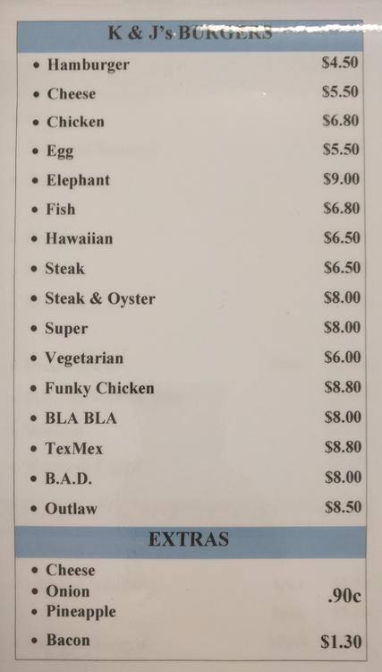 Menu at K & J Take Aways fast food, Warkworth