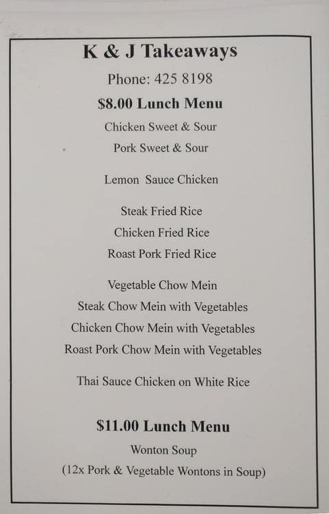 Menu at K & J Take Aways fast food, Warkworth