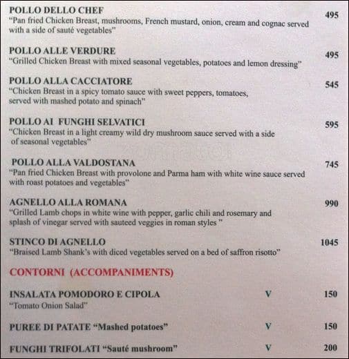 Menu at Ciro's Pomodoro, New Delhi