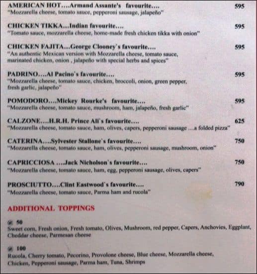 Menu at Ciro's Pomodoro, New Delhi