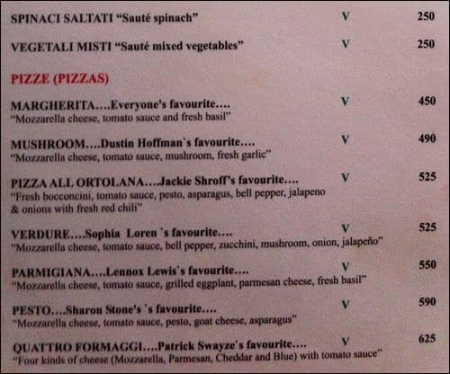 Menu at Ciro's Pomodoro, New Delhi