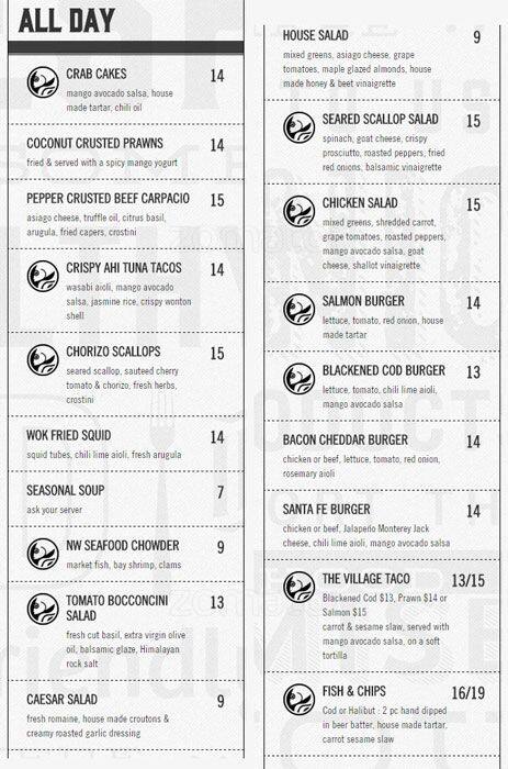 Menu at The Village Table restaurant, Canada