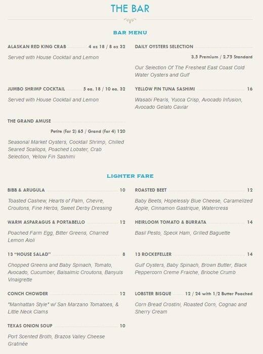 Menu at Number 13 steakhouse, Galveston
