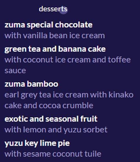 Menu at Zuma Miami restaurant, Miami