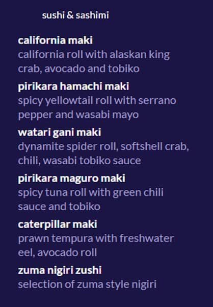 Menu at Zuma Miami restaurant, Miami