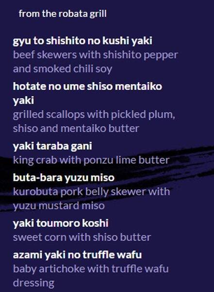 Menu at Zuma Miami restaurant, Miami