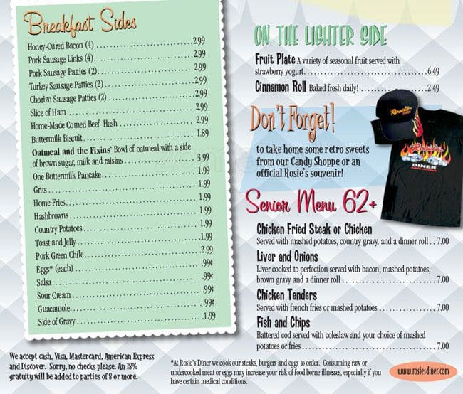 Menu at Rosie's Diner Aurora restaurant, Aurora