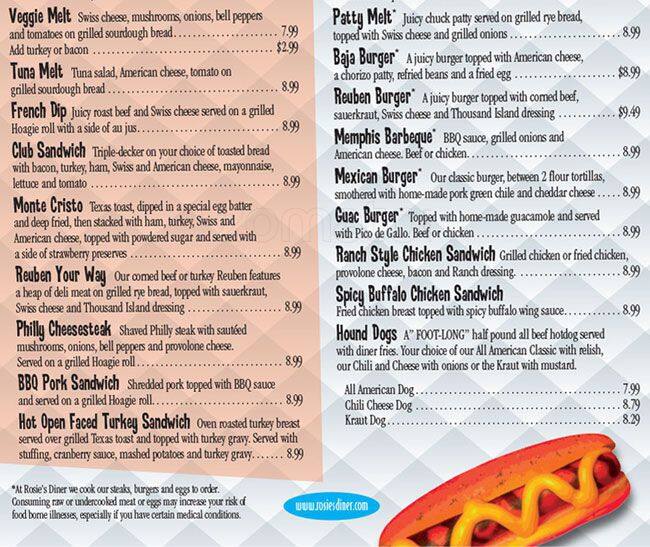 Menu at Rosie's Diner Aurora restaurant, Aurora