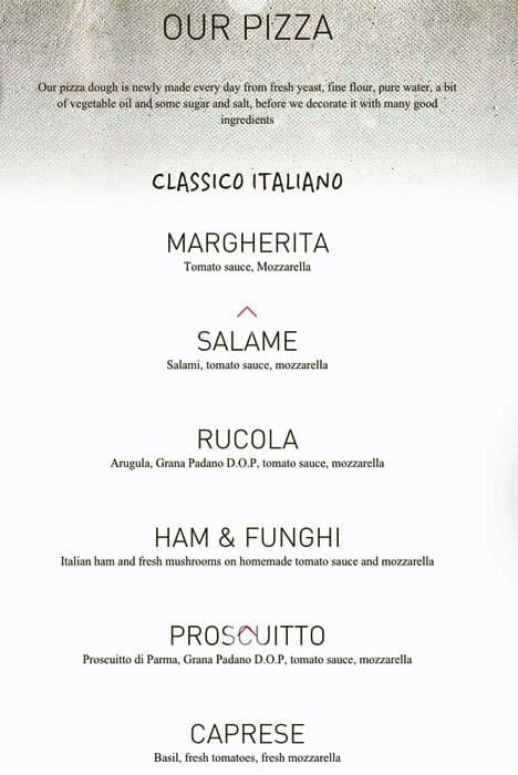 Menu at Vapiano cafeteria, Charlotte