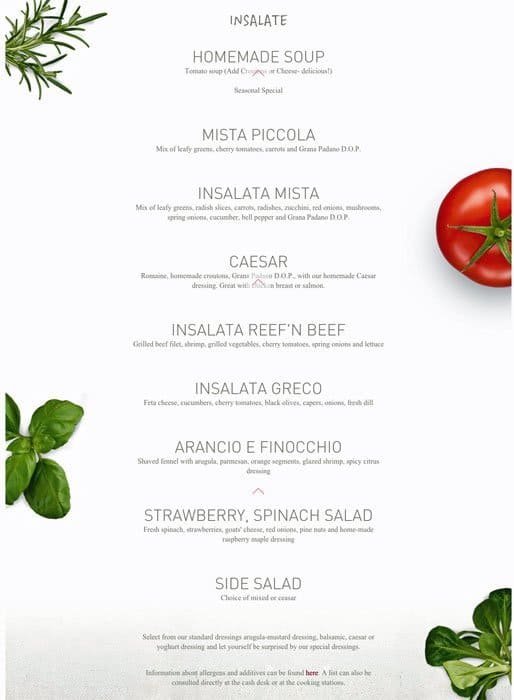 Menu at Vapiano cafeteria, Charlotte