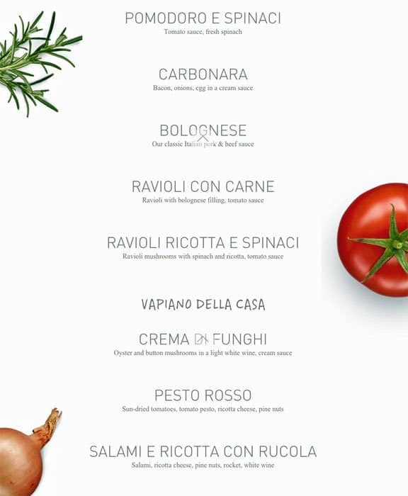 Menu at Vapiano cafeteria, Charlotte