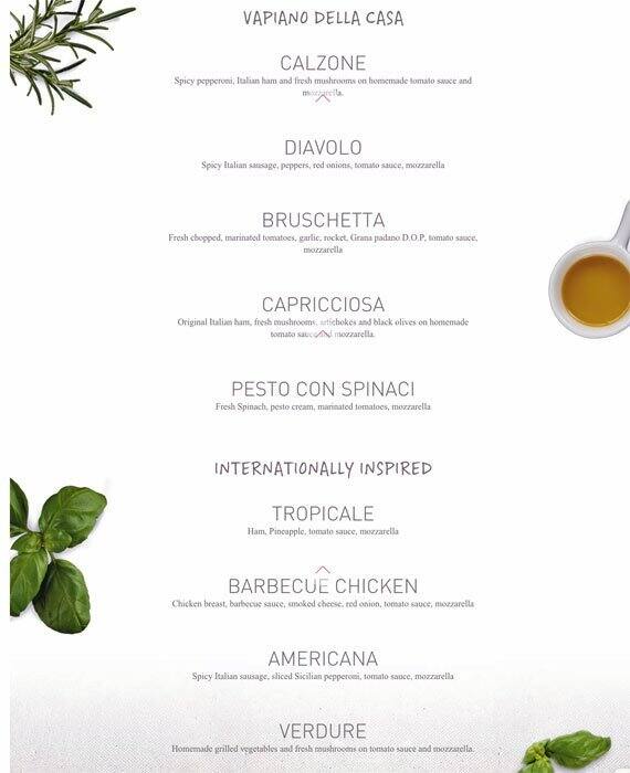 Menu at Vapiano cafeteria, Charlotte