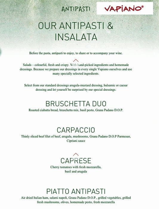 Menu at Vapiano cafeteria, Charlotte