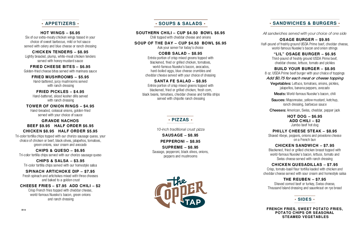 Menu at The Copper Tap pub & bar, Ponca City, US-60
