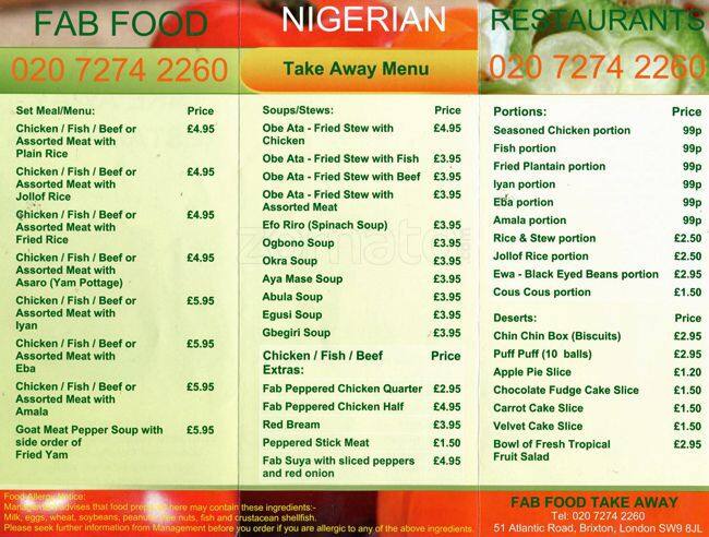 Carta del restaurante Fab Food, Londres