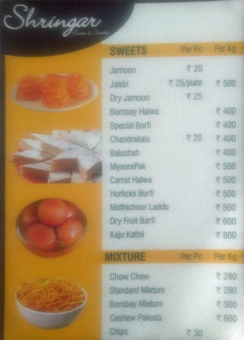 Menu at Shringar Sweets And Snacks, Bengaluru