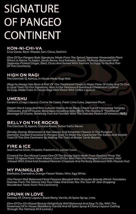 Menu of Pangeo, Brigade Road, Bangalore