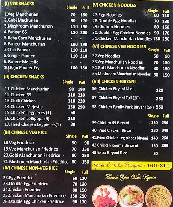 Menu of Aaha Food Court, Vanasthalipuram, Hyderabad