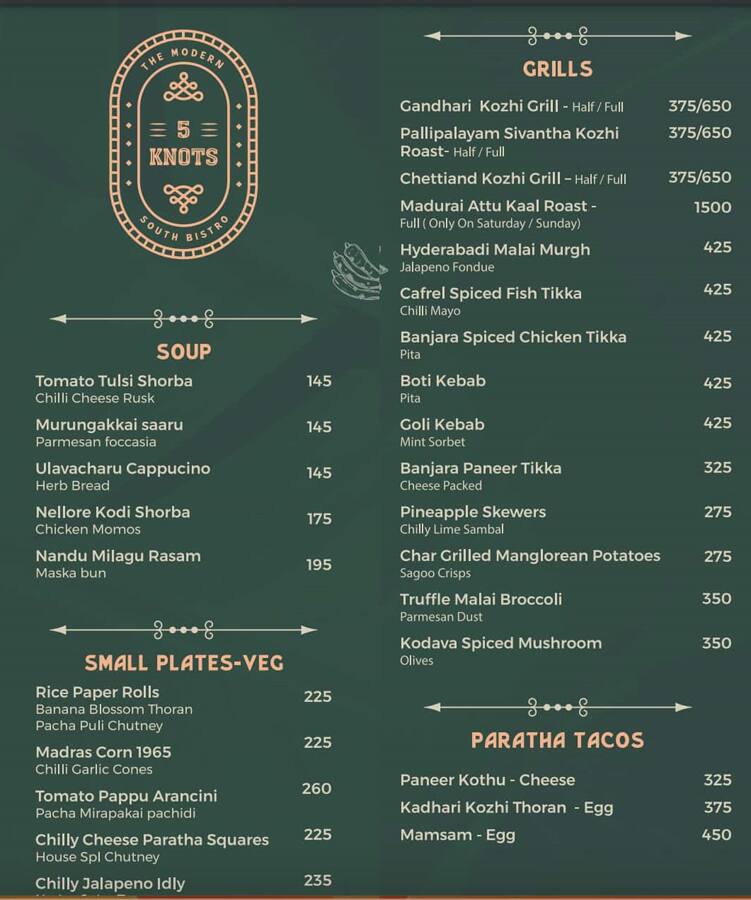 Menu of 5 Knots, Injambakkam, Chennai